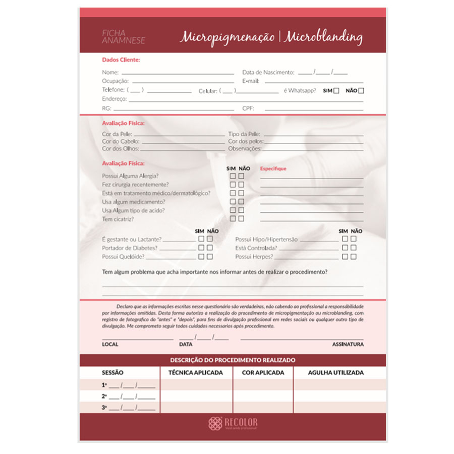 Ficha Anamnese Microblading - Bloco 100 Folhas | Recolor Ficha Anamnese Microblading - Bloco 100 Folhas | Recolor